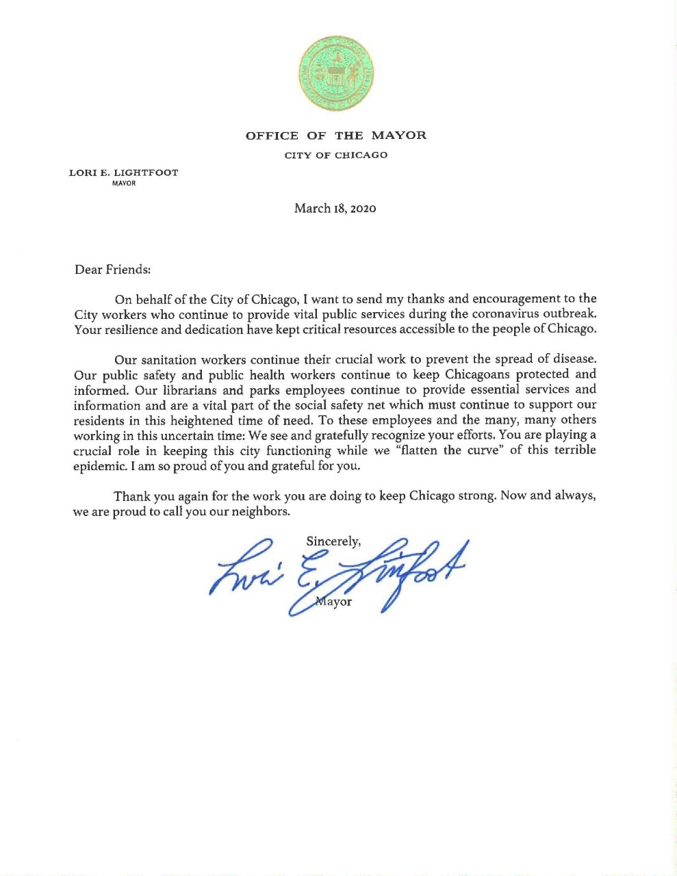 A Letter from Mayor Lightfoot – LOCAL 1001 NEWS